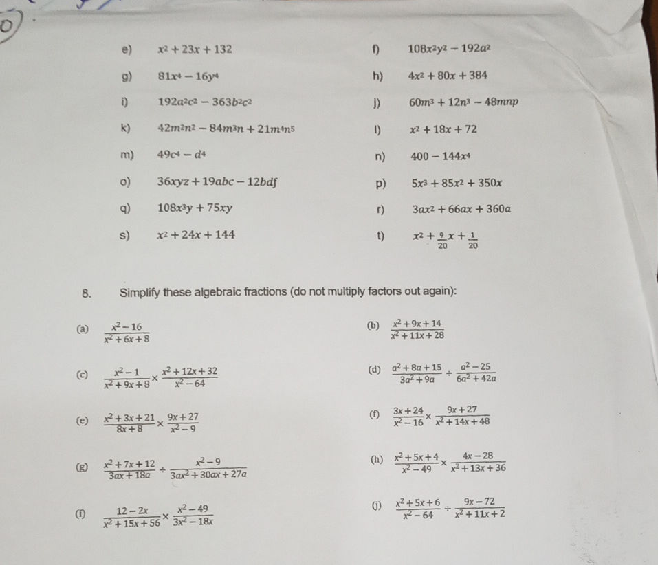 8. Simplify these algebraic fractions (do | StudyX