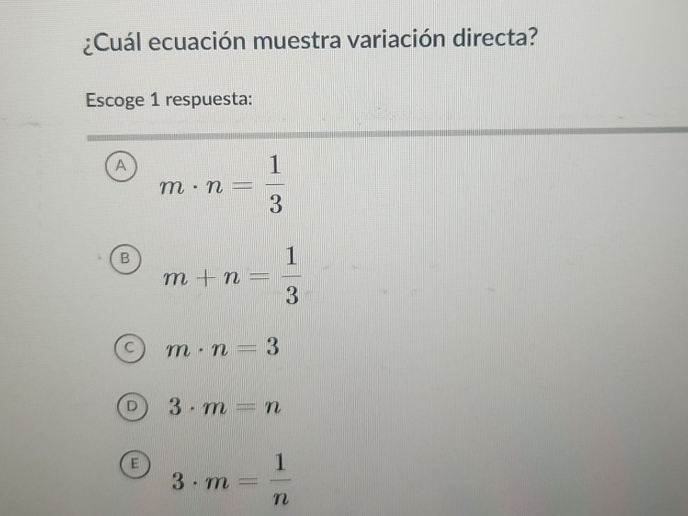 ¿Cuál ecuación muestra variación directa? | StudyX