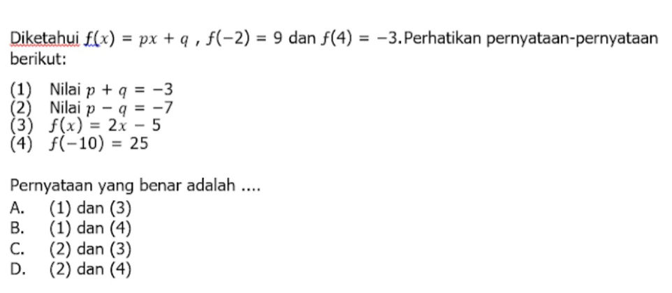 Diketahui $f(x) = px + q$, $f(-2) = 9$ dan | StudyX