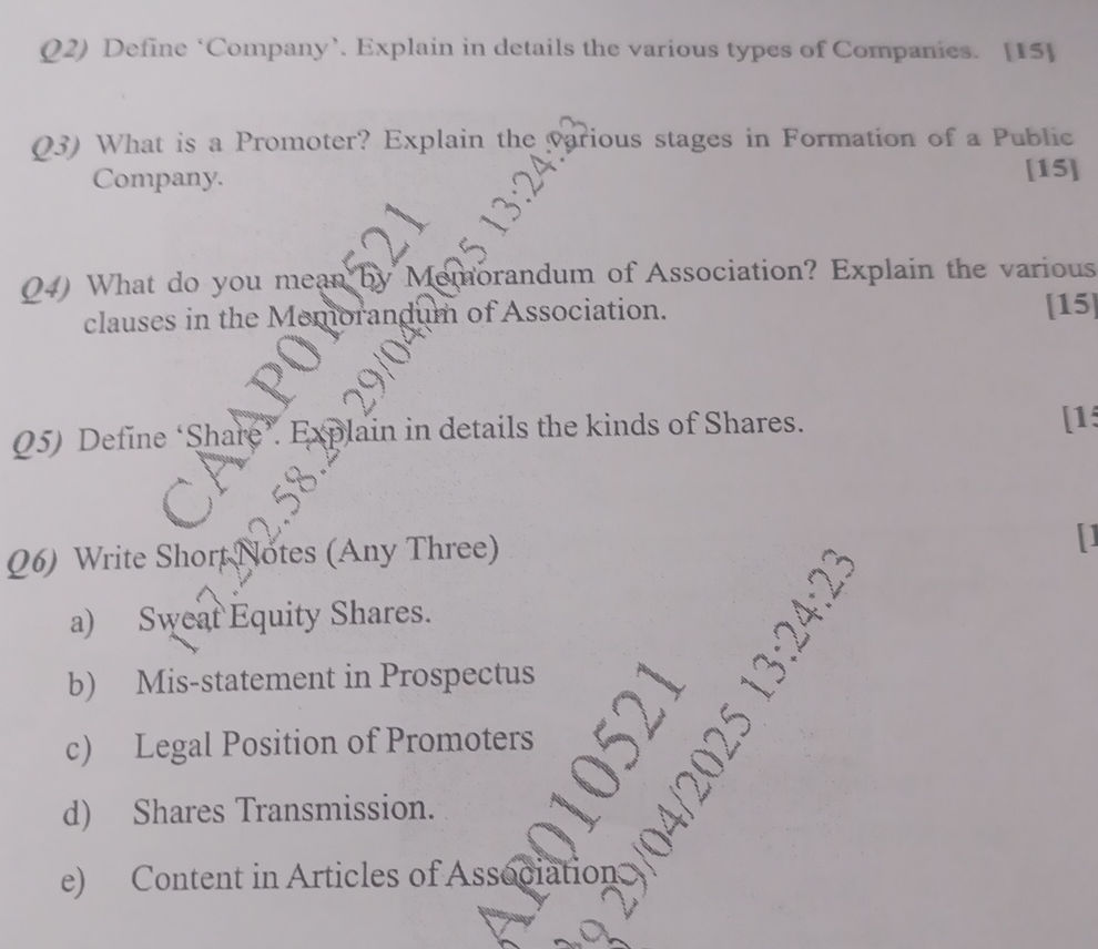 Q2) Define 'Company'. Explain in details the | StudyX