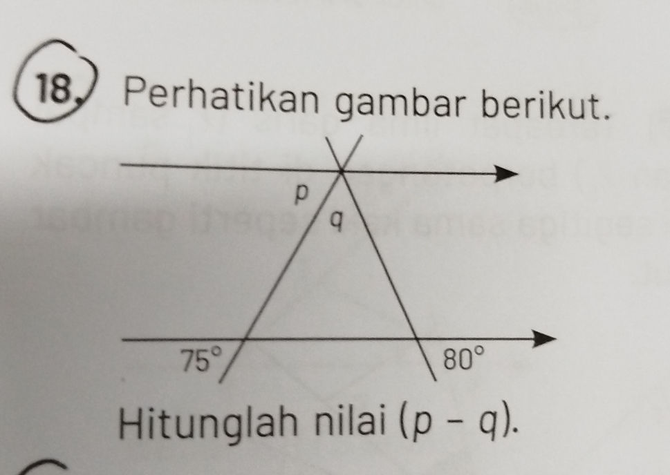 Perhatikan gambar berikut. ``` p q ``` 75° | StudyX