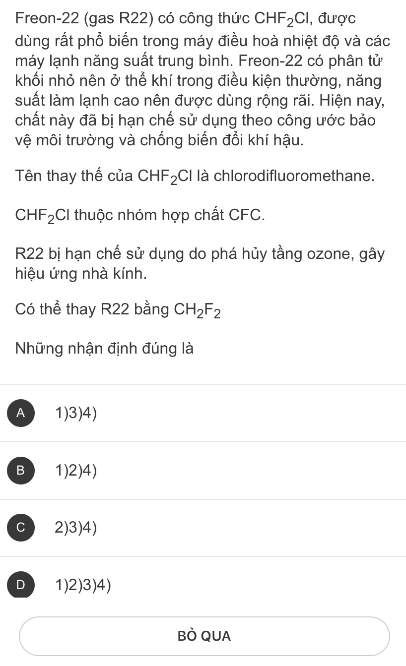 Freon-22 (gas R22) có công thức $CHF_2Cl$, | StudyX