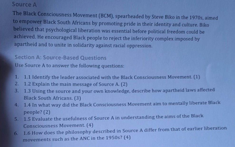 Source A The Black Consciousness Movement | StudyX