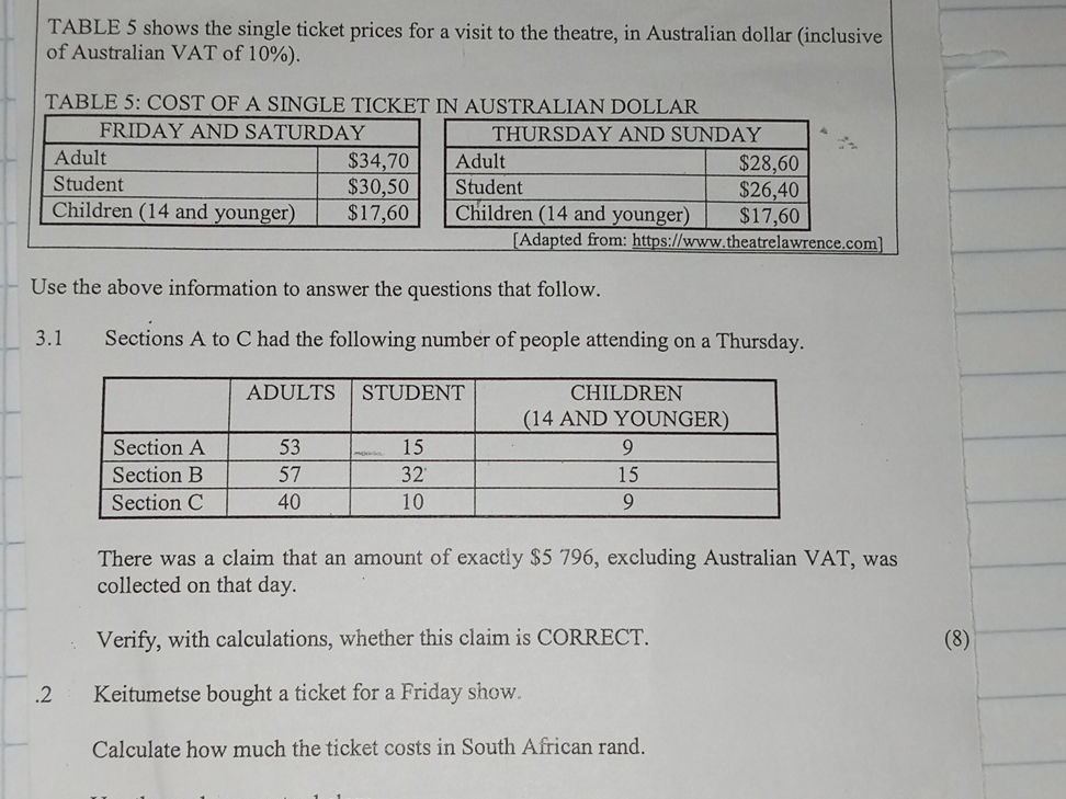 TABLE 5 shows the single ticket prices for a | StudyX