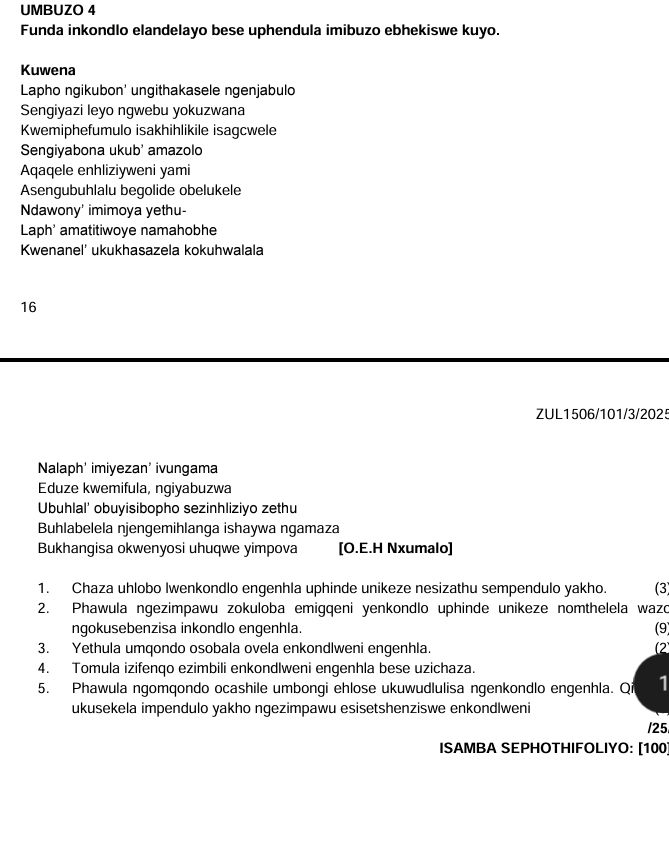 UMBUZO 4 Funda inkondlo elandelayo bese | StudyX