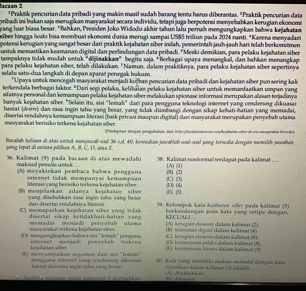 36. Kalimat (9) pada bacaan di atas mewadahi | StudyX