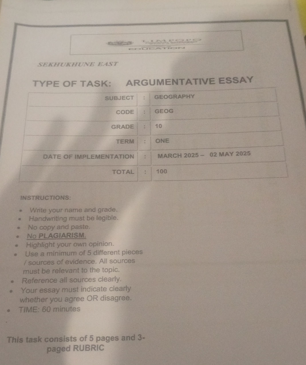TYPE OF TASK: ARGUMENTATIVE ESSAY SUBJECT: