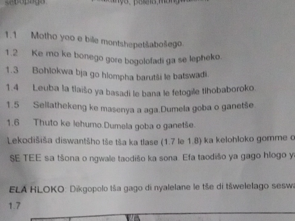 1.1 Motho yoo e bile montshepetšabošego. 1.2 | StudyX