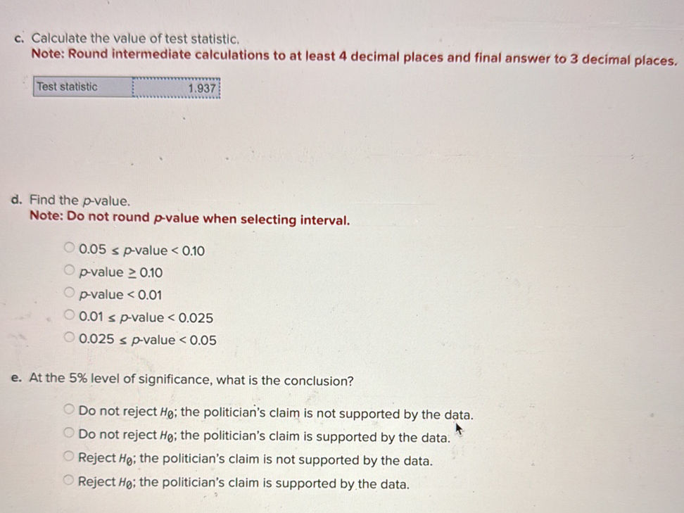 c. Calculate the value of test statistic. | StudyX