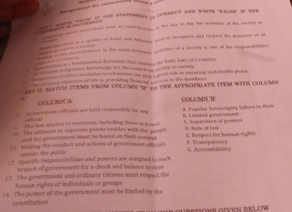 PART II: MATCH ITEMS FROM COLUMN "B" TO THE | StudyX