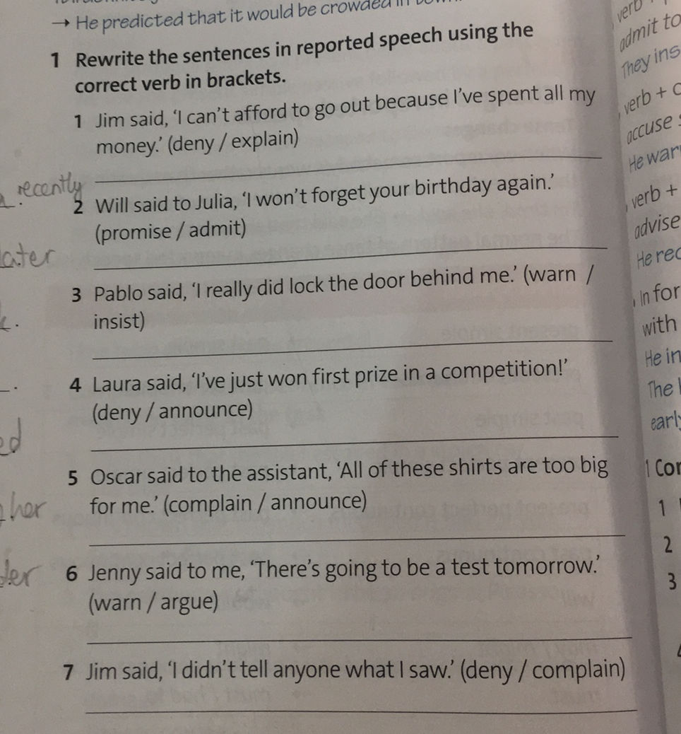 Rewrite the sentences in reported speech | StudyX