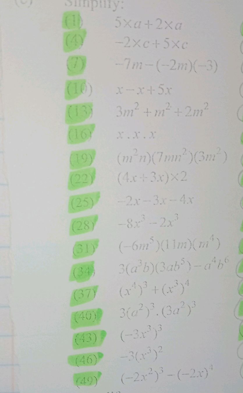 Simplify: 1. $5 a + 2 a$ 2. $-2 c | StudyX