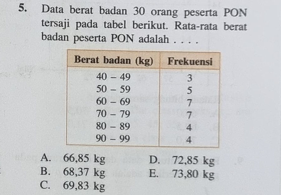 5. Data berat badan 30 orang peserta PON | StudyX