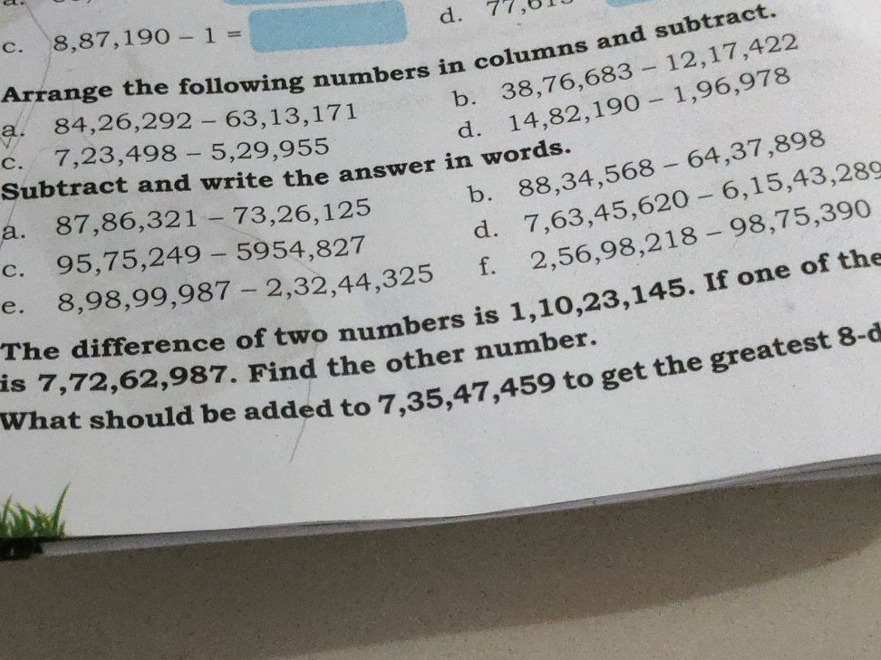 c. 8,87,190 - 1 = Arrange the following | StudyX