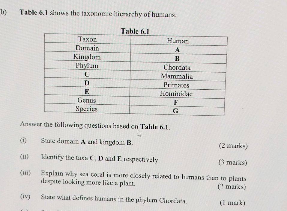Table 6.1 shows the taxonomic hierarchy of | StudyX