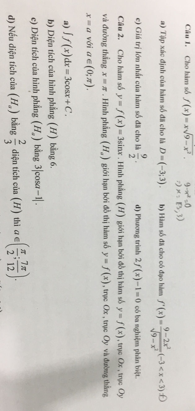 Câu 1. Cho hàm số $f(x) = x {9-x^2}$. | StudyX
