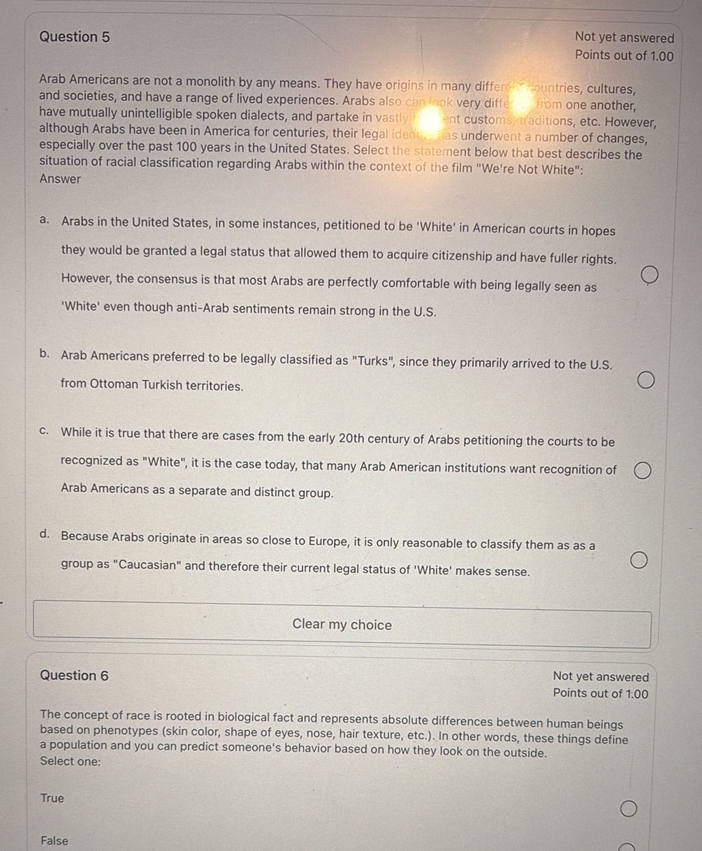 Question 5 Arab Americans are not a | StudyX
