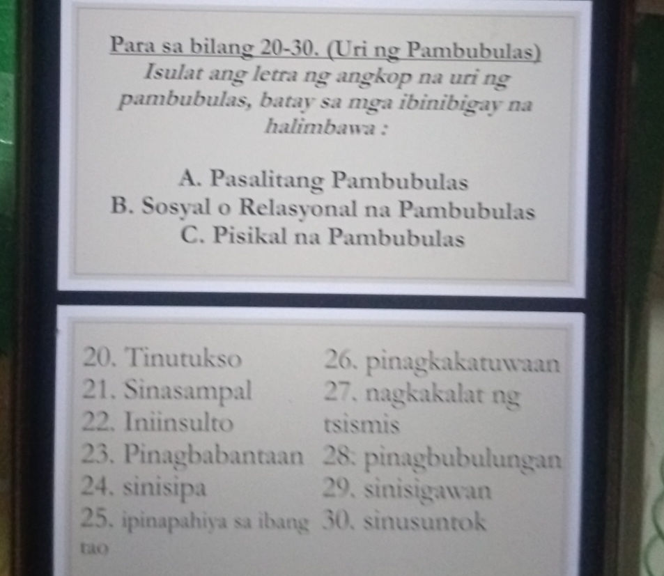 Para sa bilang 20-30. (Uri ng Pambubulas) | StudyX