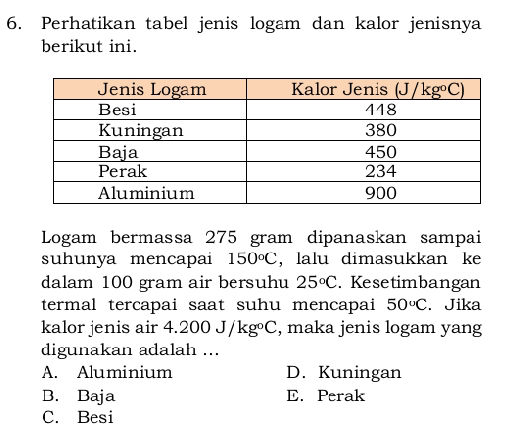 Perhatikan tabel jenis logam dan kalor | StudyX