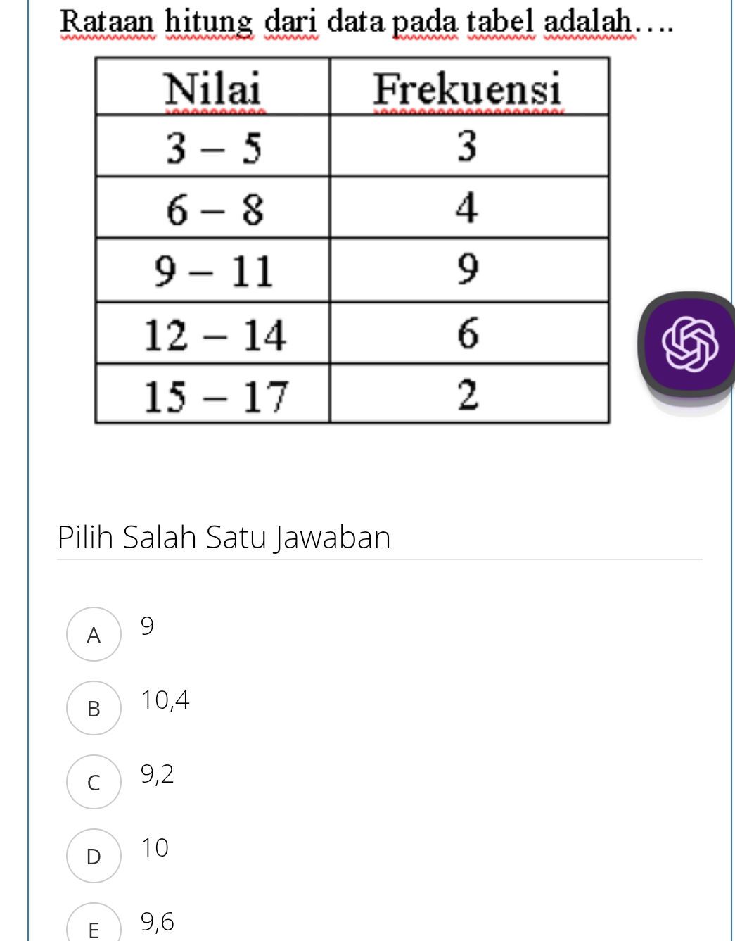 Rataan hitung dari data pada tabel | StudyX