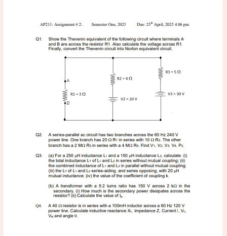 Q1. Show the Thevenin equivalent of the | StudyX