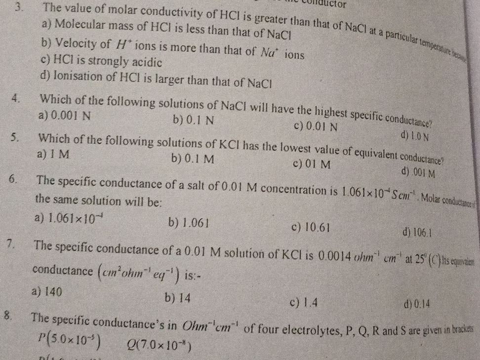 3. The value of molar conductivity of HCl is | StudyX