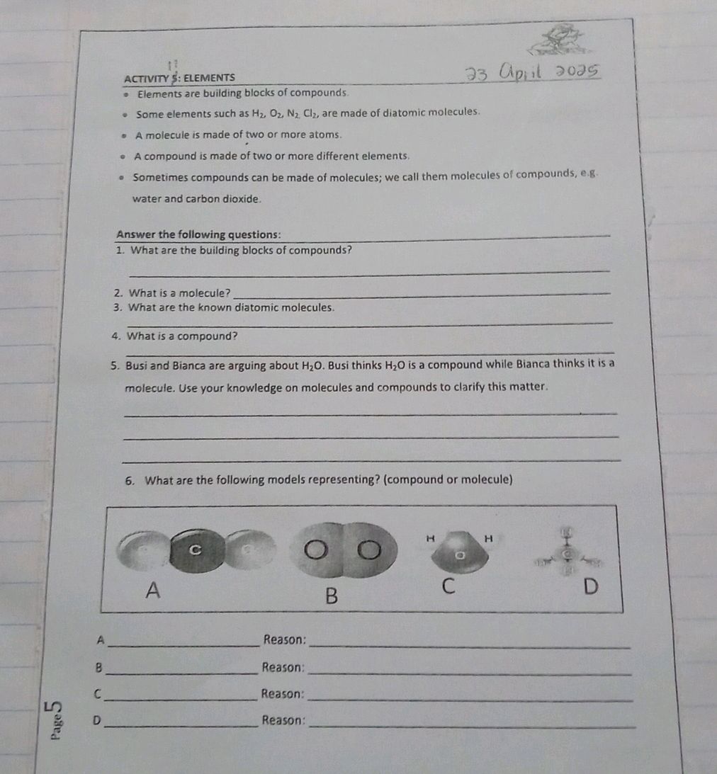 ACTIVITY 5: ELEMENTS * Elements are | StudyX
