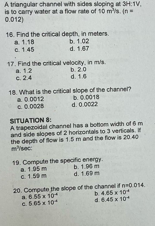 A triangular channel with sides sloping at | StudyX