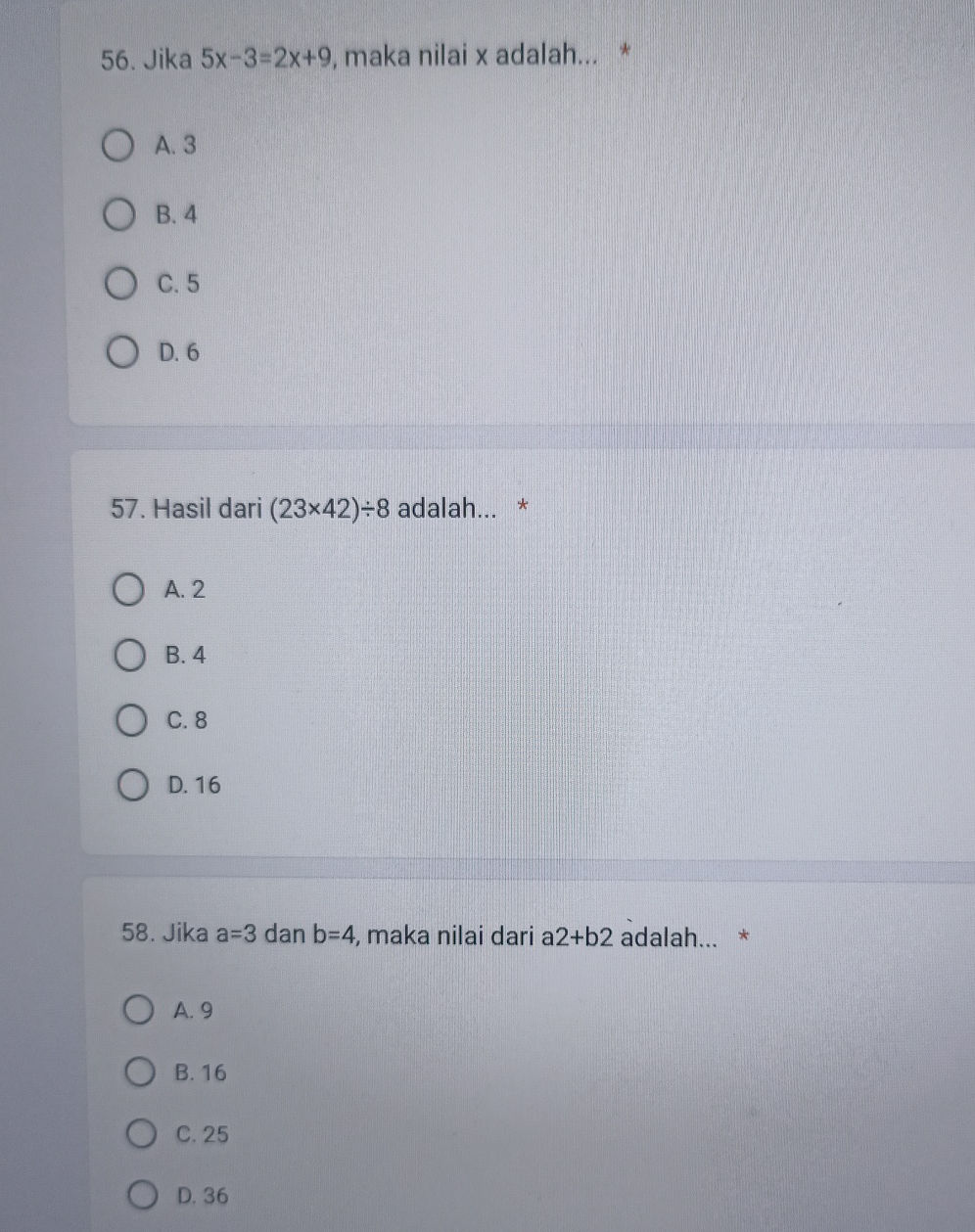 56. Jika $5x - 3 = 2x + 9$, maka nilai x | StudyX