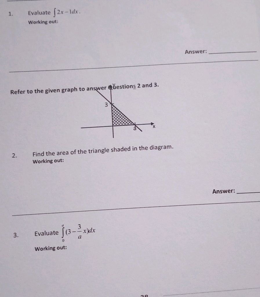 1. Evaluate $ 2x - 1 dx$. 2. Find the area | StudyX