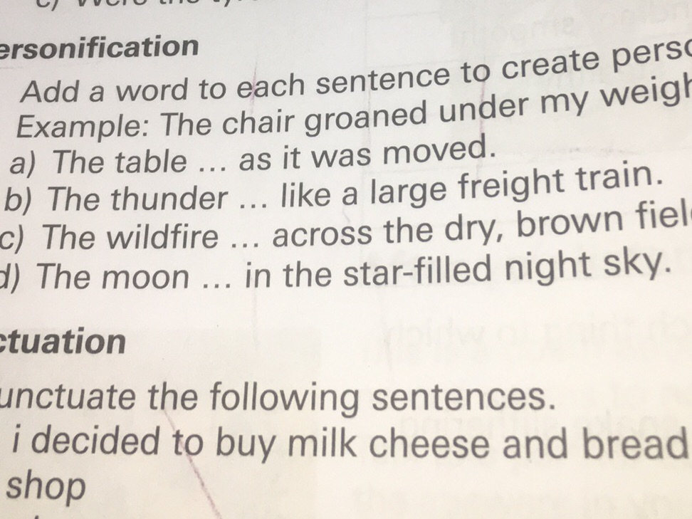 Personification Add a word to each sentence | StudyX