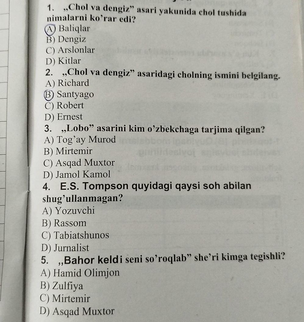 1. „Chol va dengiz" asari yakunida chol | StudyX