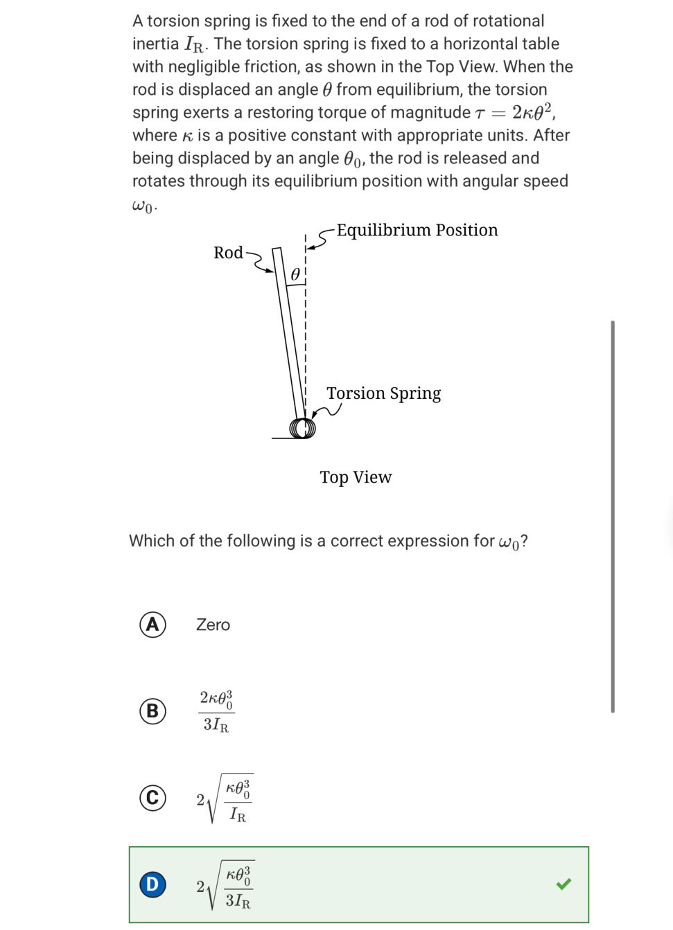 A torsion spring is fixed to the end of a | StudyX