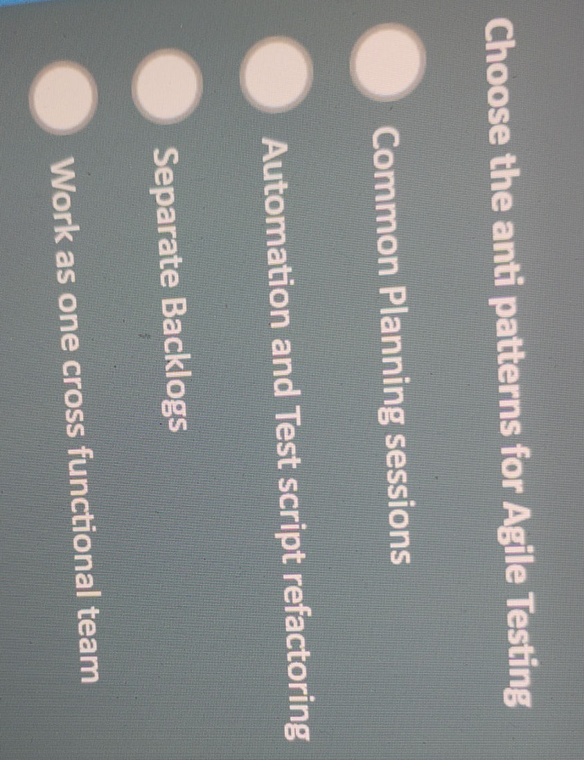 Choose the anti patterns for Agile Testing | StudyX