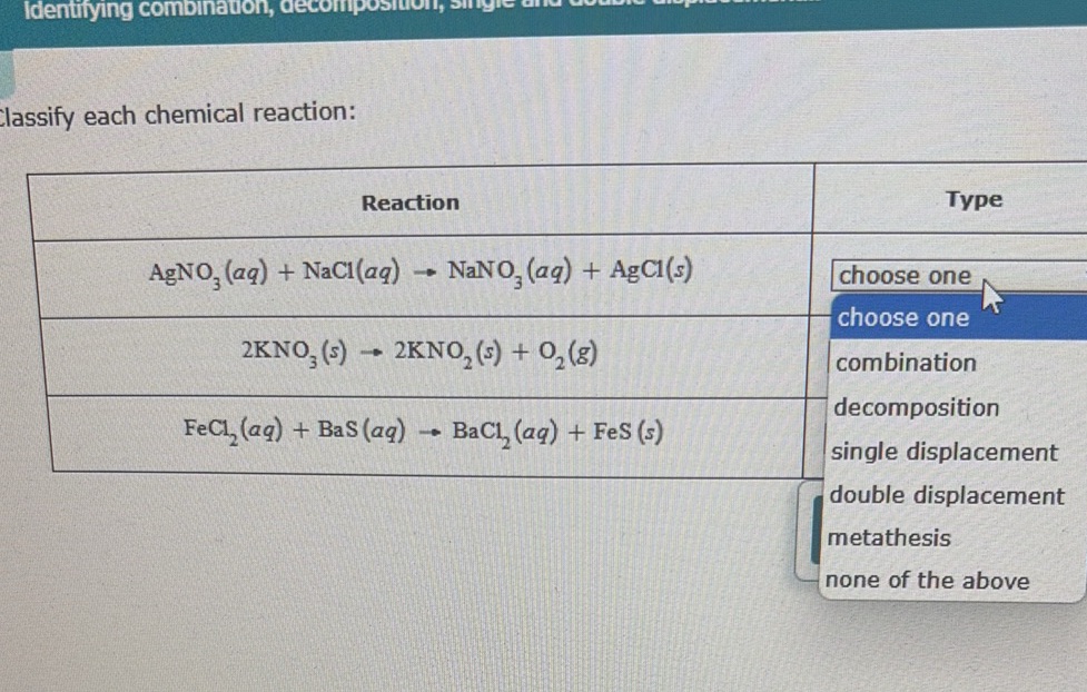 Classify each chemical reaction: | Reaction | StudyX