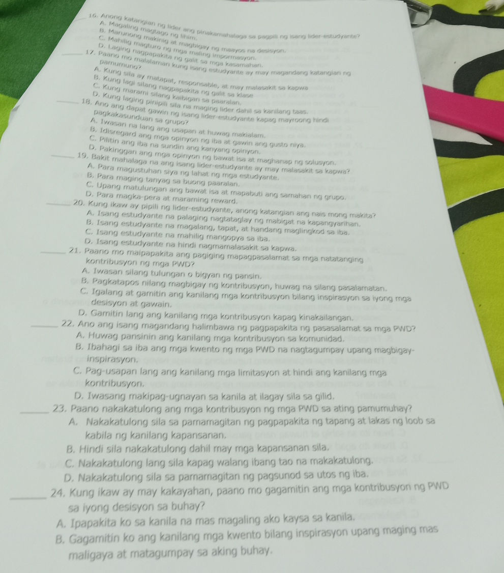 16. Anong katangian ng lider ang | StudyX