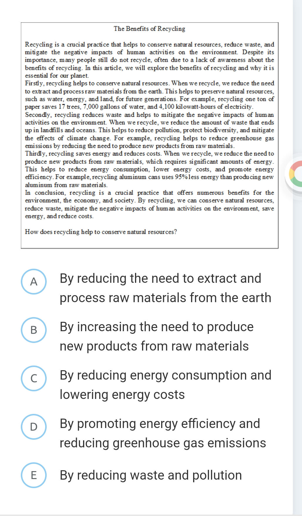 How does recycling help to conserve natural | StudyX