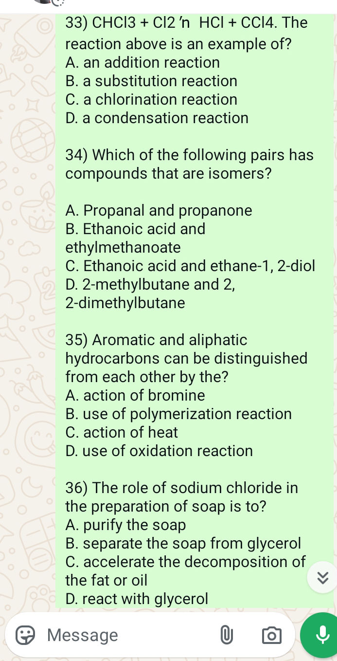 33) CHCl3 + Cl2 -> HCl + CCl4. The reaction | StudyX