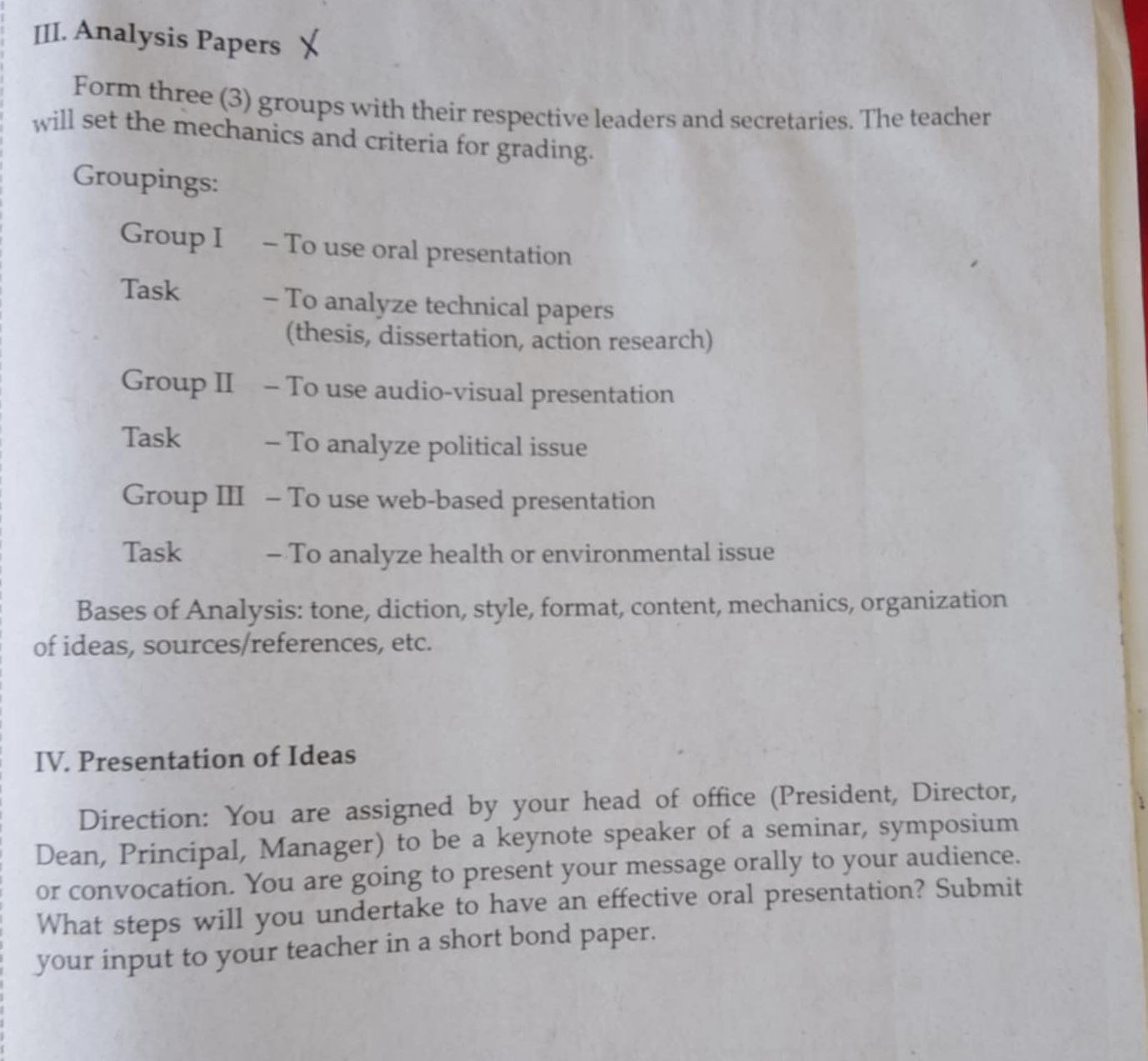 III. Analysis Papers Form three (3) groups | StudyX