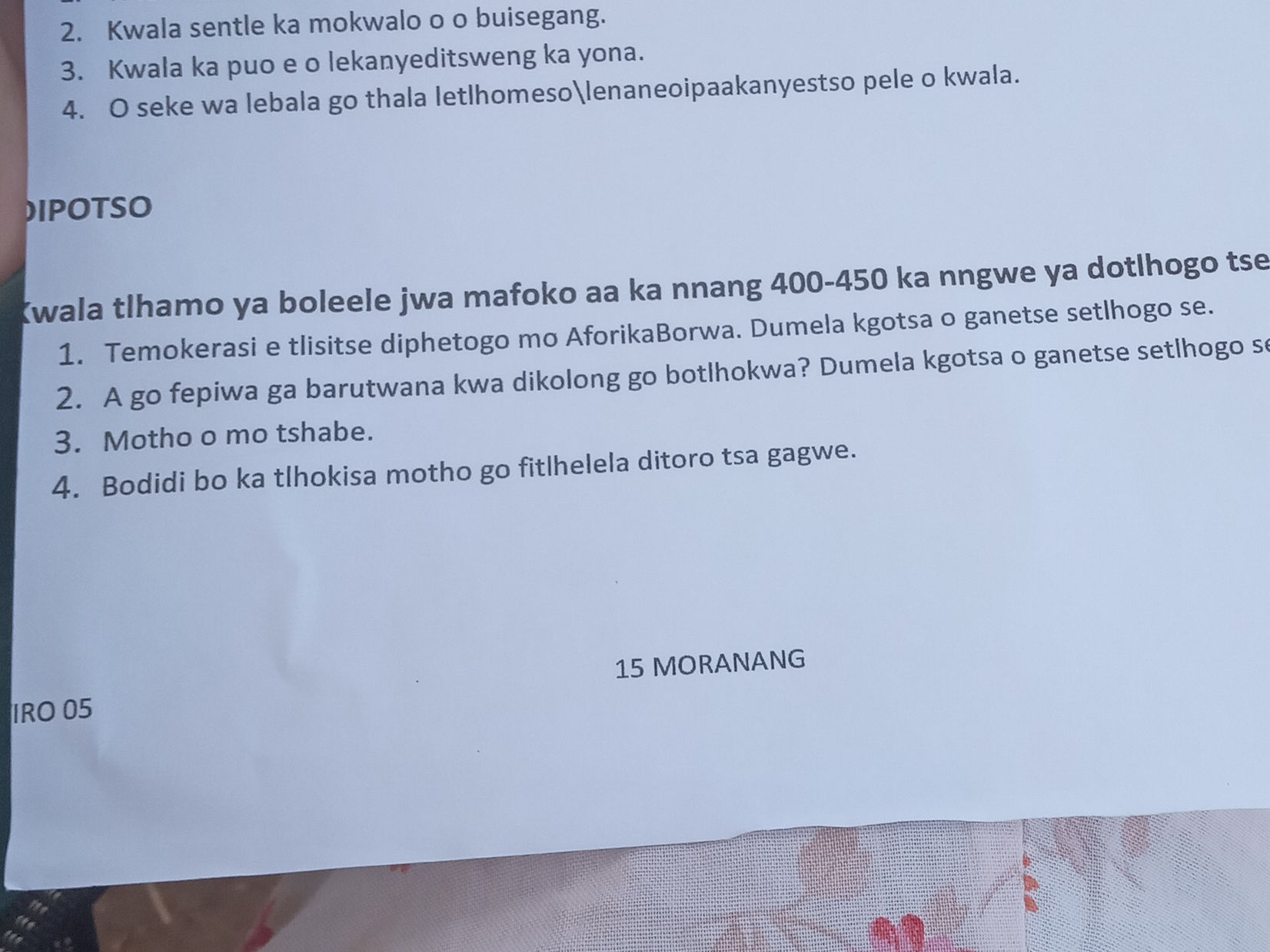 2. Kwala sentle ka mokwalo o o buisegang. 3. | StudyX