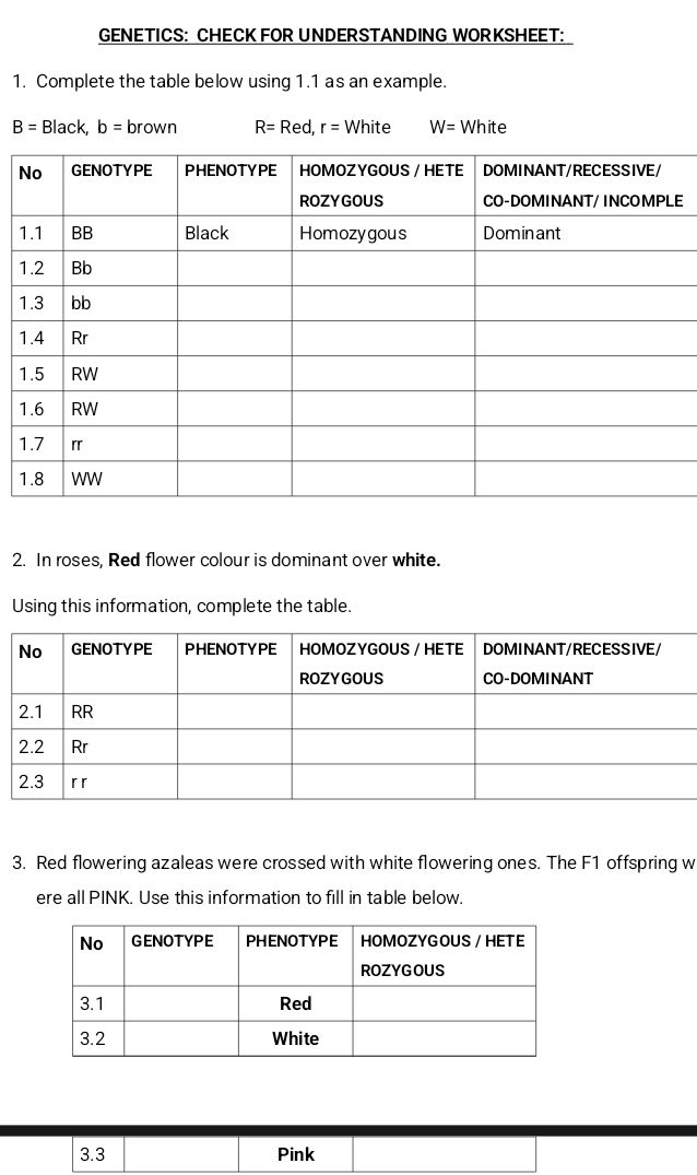 GENETICS: CHECK FOR UNDERSTANDING WORKSHEET: | StudyX