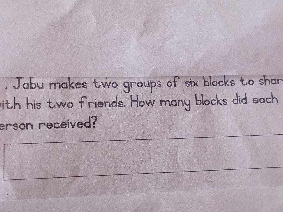 Jabu makes two groups of six blocks to share | StudyX