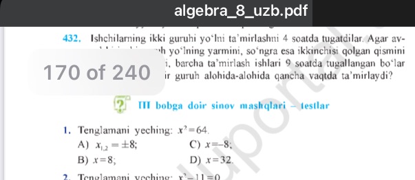 1. Tenglamani yeching: $x^2 = 64$ A) | StudyX