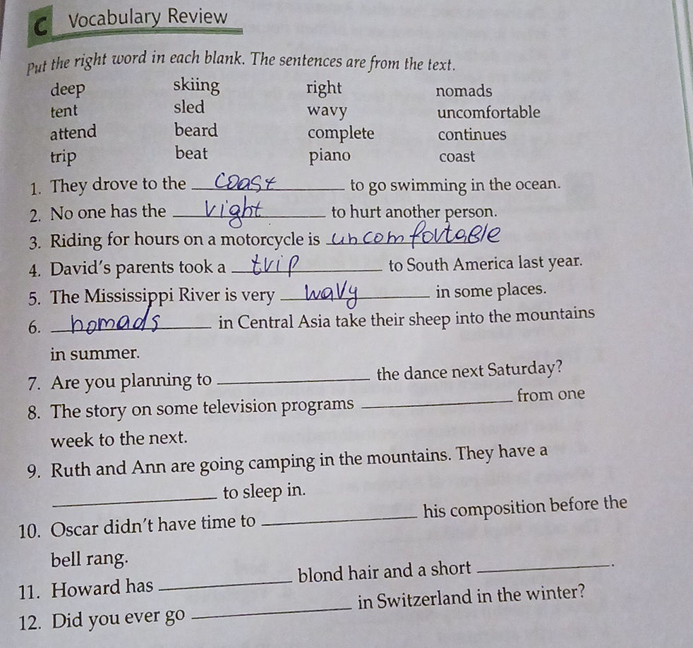 Vocabulary Review Put the right word in | StudyX