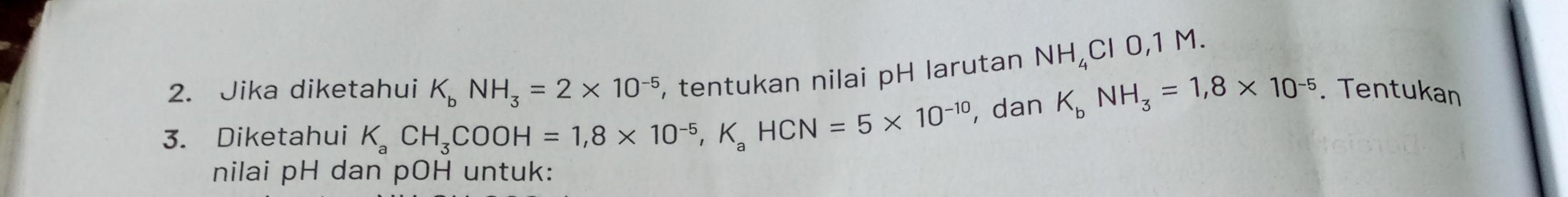 2. Jika diketahui $K_b$ $NH_3$ = $2 | StudyX