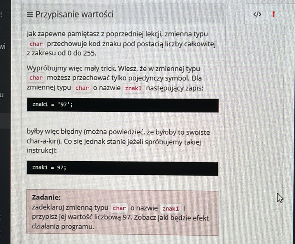 Zadanie: zadeklaruj zmienną typu `char` o | StudyX