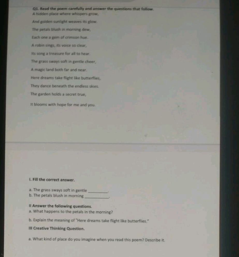 Q1. Read the poem carefully and answer the | StudyX