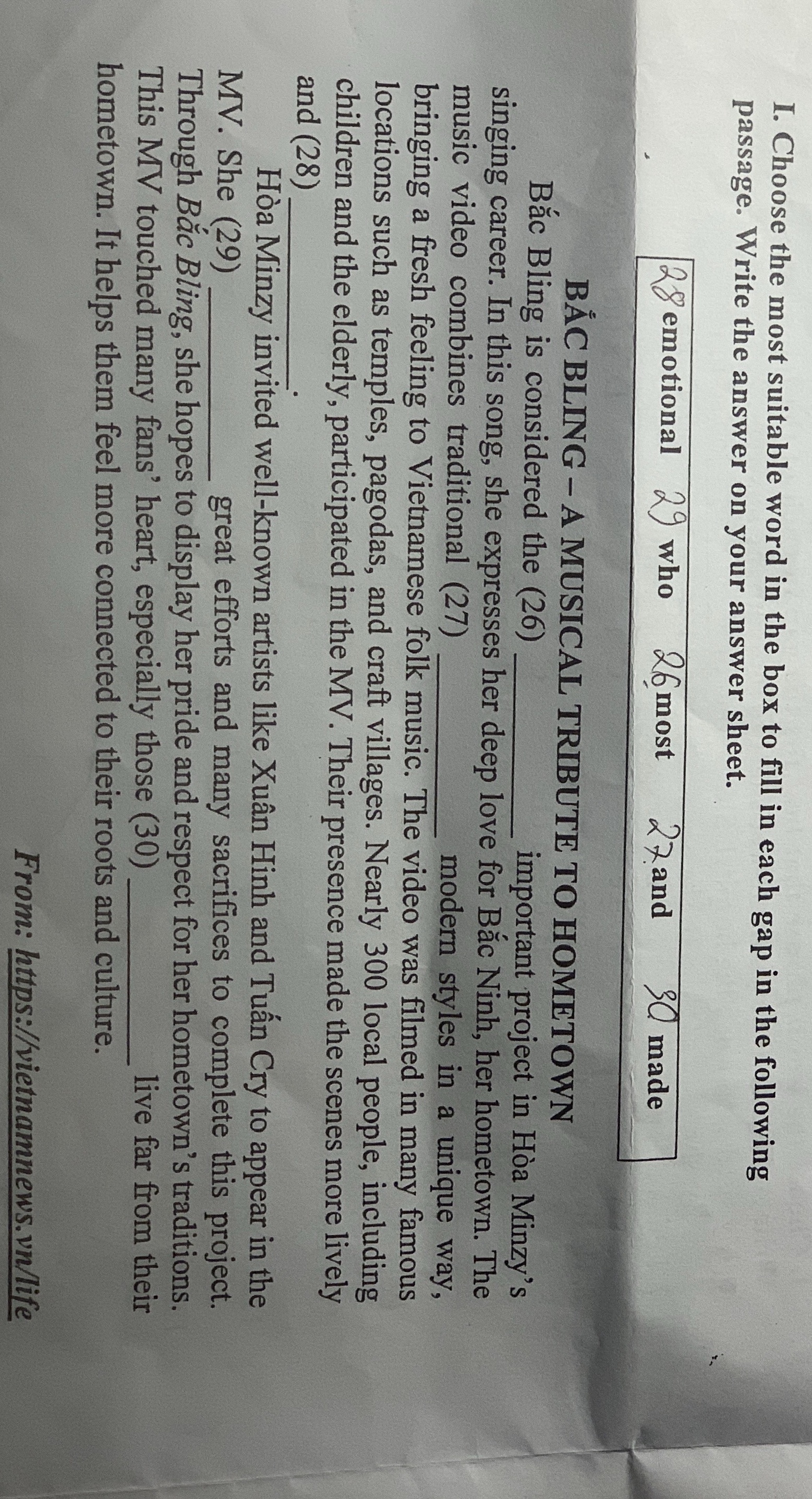 I. Choose the most suitable word in the box | StudyX