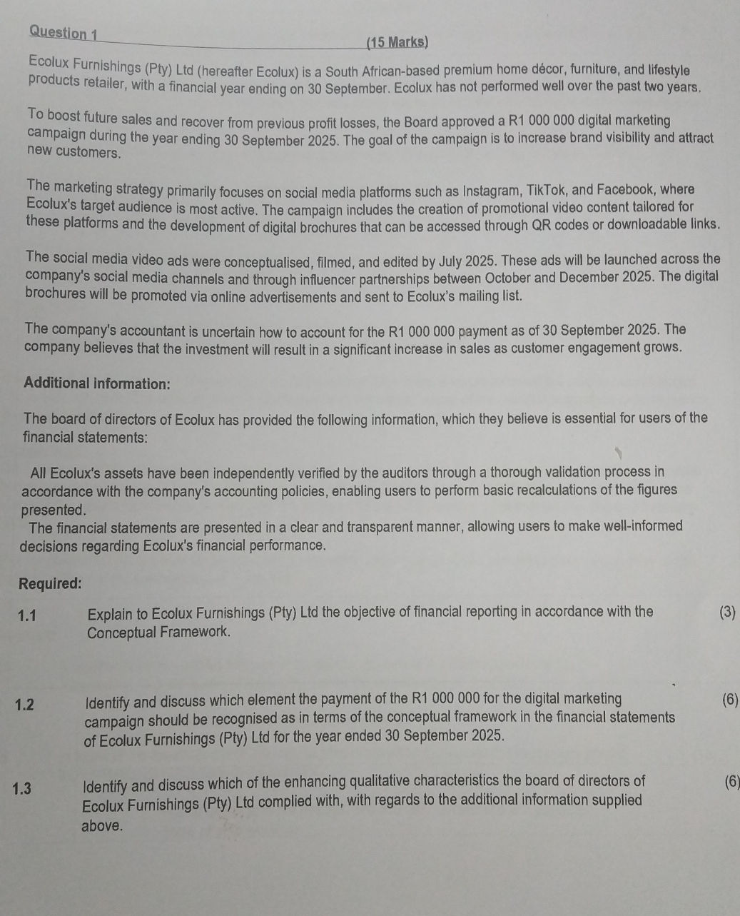 Question 1 (15 Marks) Ecolux Furnishings | StudyX