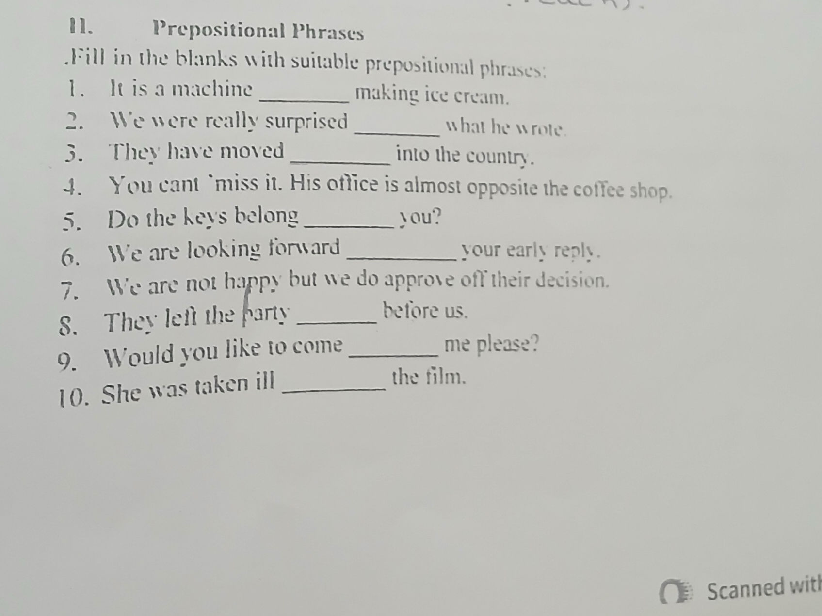 11. Prepositional Phrases Fill in the blanks | StudyX